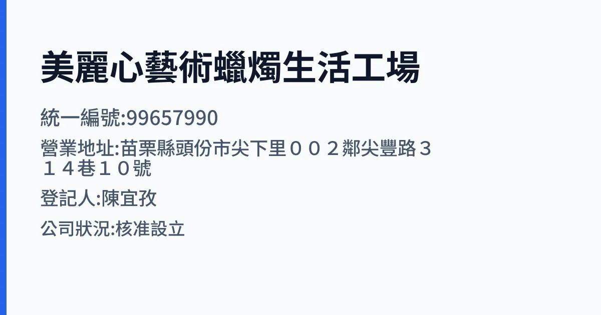 美麗心藝術蠟燭生活工場 - 統編 99657990(苗栗縣) 公司登記資料與營業項目詳細圖表