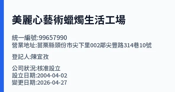 美麗心藝術蠟燭生活工場的照片-統編 99657990(苗栗縣) 公司登記資料與營業項目詳細圖表