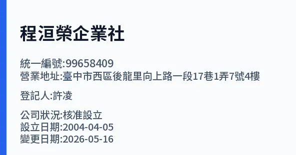 程洹榮企業社的照片-統編 99658409(臺中市) 公司登記資料與營業項目詳細圖表