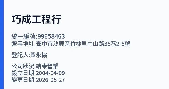 巧成工程行的照片-統編 99658463(臺中市) 公司登記資料與營業項目詳細圖表