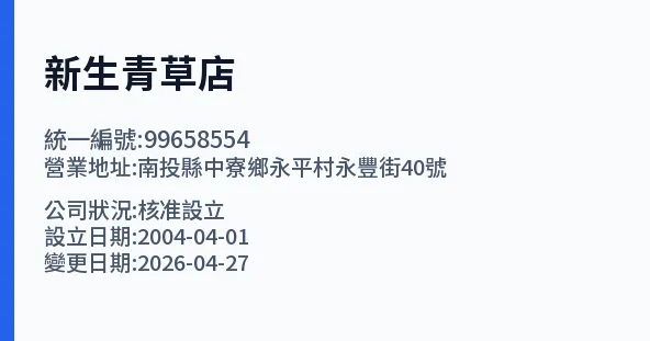 新生青草店的照片-統編 99658554(南投縣) 公司登記資料與營業項目詳細圖表