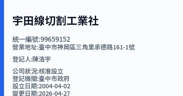 宇田線切割工業社的照片-統編 99659152(臺中市) 公司登記資料與營業項目詳細圖表