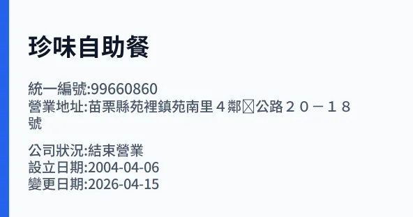 珍味自助餐的照片-統編 99660860(苗栗縣) 公司登記資料與營業項目詳細圖表