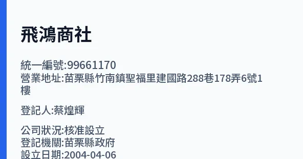 飛鴻商社的照片-統編 99661170(苗栗縣) 公司登記資料與營業項目詳細圖表