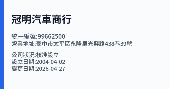 冠明汽車商行的照片-統編 99662500(臺中市) 公司登記資料與營業項目詳細圖表