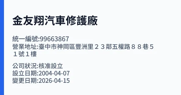 金友翔汽車修護廠的照片-統編 99663867(臺中市) 公司登記資料與營業項目詳細圖表