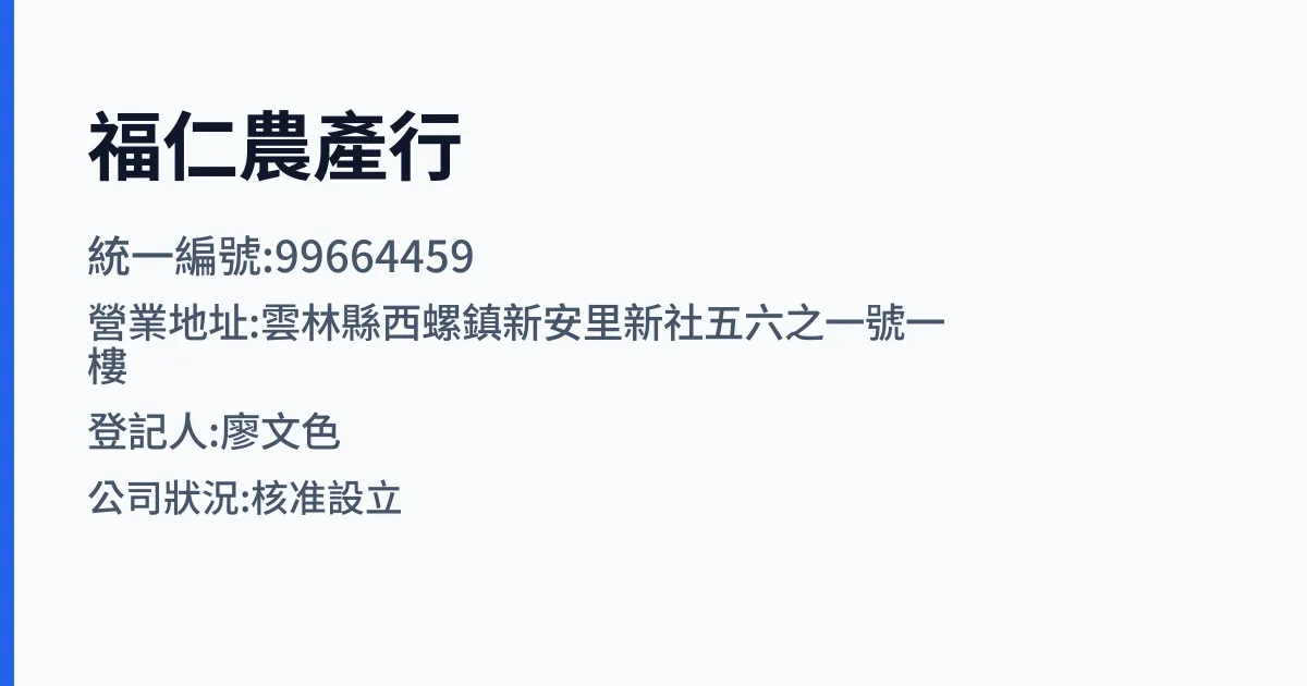 福仁農產行 - 統編 99664459(雲林縣) 公司登記資料與營業項目詳細圖表
