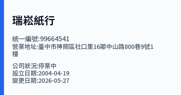 瑞崧紙行的照片-統編 99664541(臺中市) 公司登記資料與營業項目詳細圖表