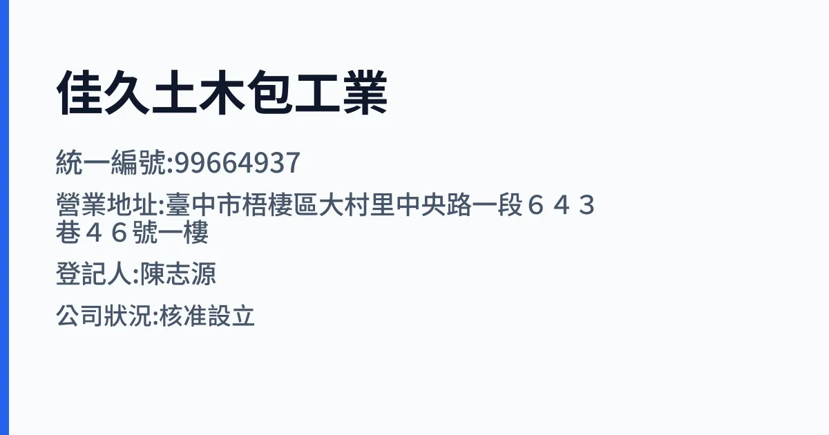 佳久土木包工業 - 統編 99664937(臺中市) 公司登記資料與營業項目詳細圖表
