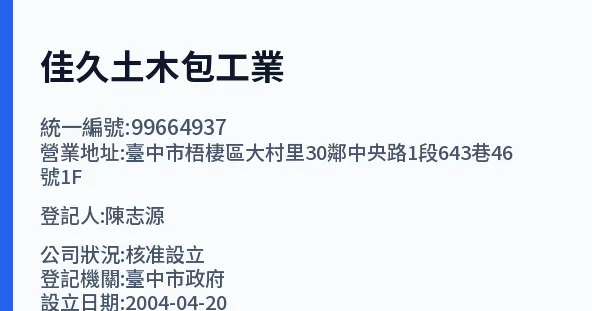 佳久土木包工業的照片-統編 99664937(臺中市) 公司登記資料與營業項目詳細圖表