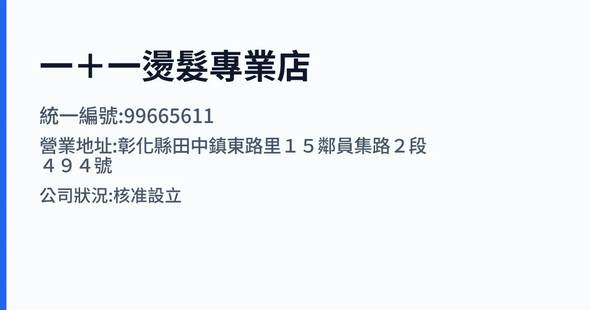 一+一燙髮專業店 - 統編 99665611(彰化縣) 公司登記資料與營業項目詳細圖表