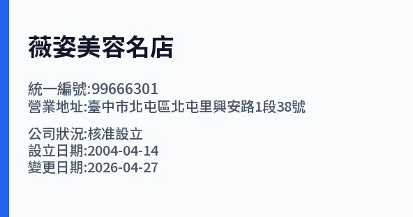 薇姿美容名店的照片-統編 99666301(臺中市) 公司登記資料與營業項目詳細圖表