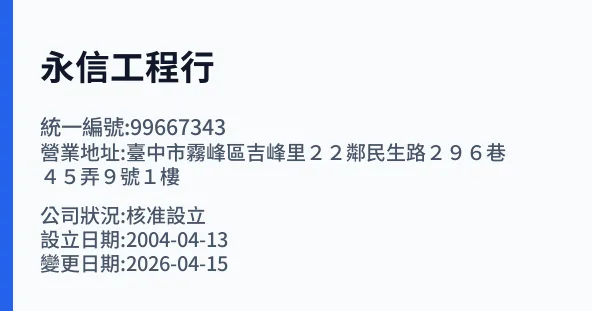 永信工程行的照片-統編 99667343(臺中市) 公司登記資料與營業項目詳細圖表