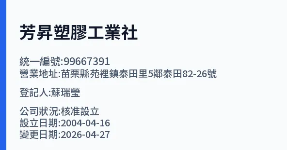芳昇塑膠工業社的照片-統編 99667391(苗栗縣) 公司登記資料與營業項目詳細圖表