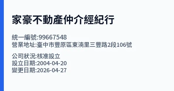家豪不動產仲介經紀行的照片-統編 99667548(臺中市) 公司登記資料與營業項目詳細圖表