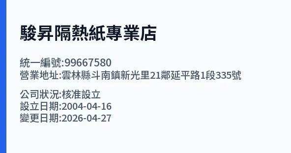 駿昇隔熱紙專業店的照片-統編 99667580(雲林縣) 公司登記資料與營業項目詳細圖表