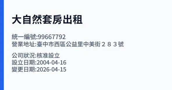 大自然套房出租的照片-統編 99667792(臺中市) 公司登記資料與營業項目詳細圖表