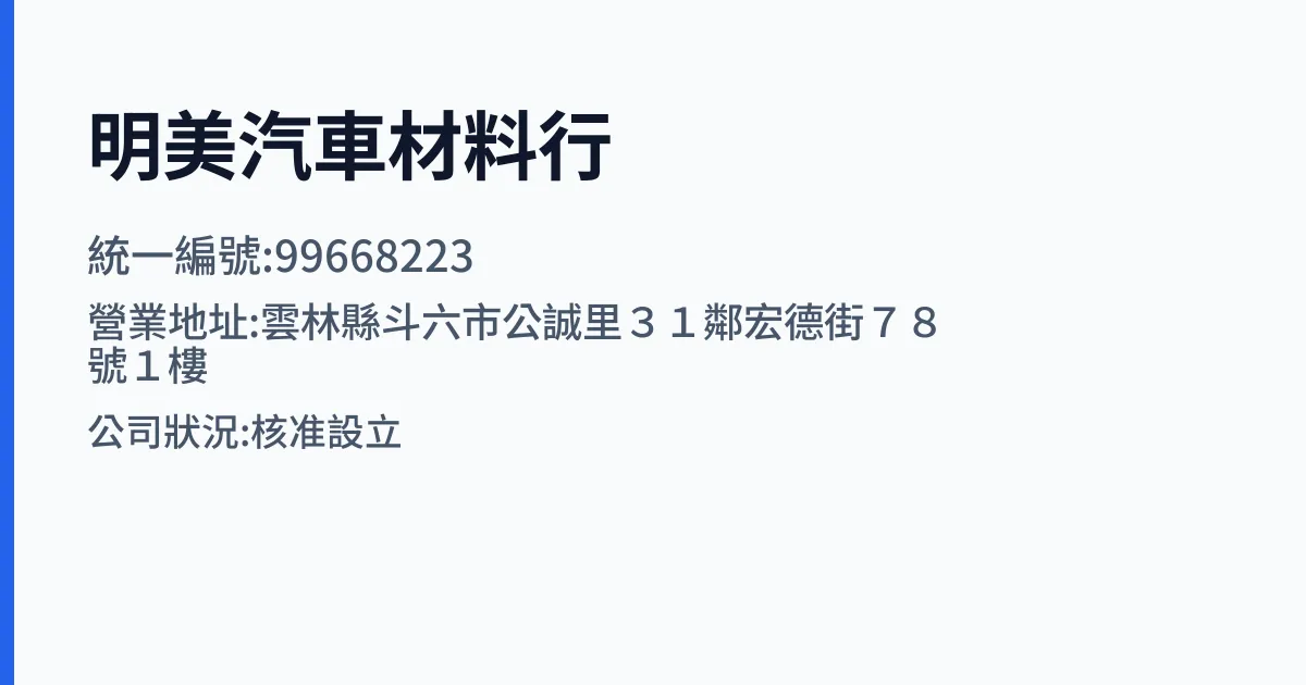 明美汽車材料行 - 統編 99668223（雲林縣） 公司登記資料與營業項目詳細圖表