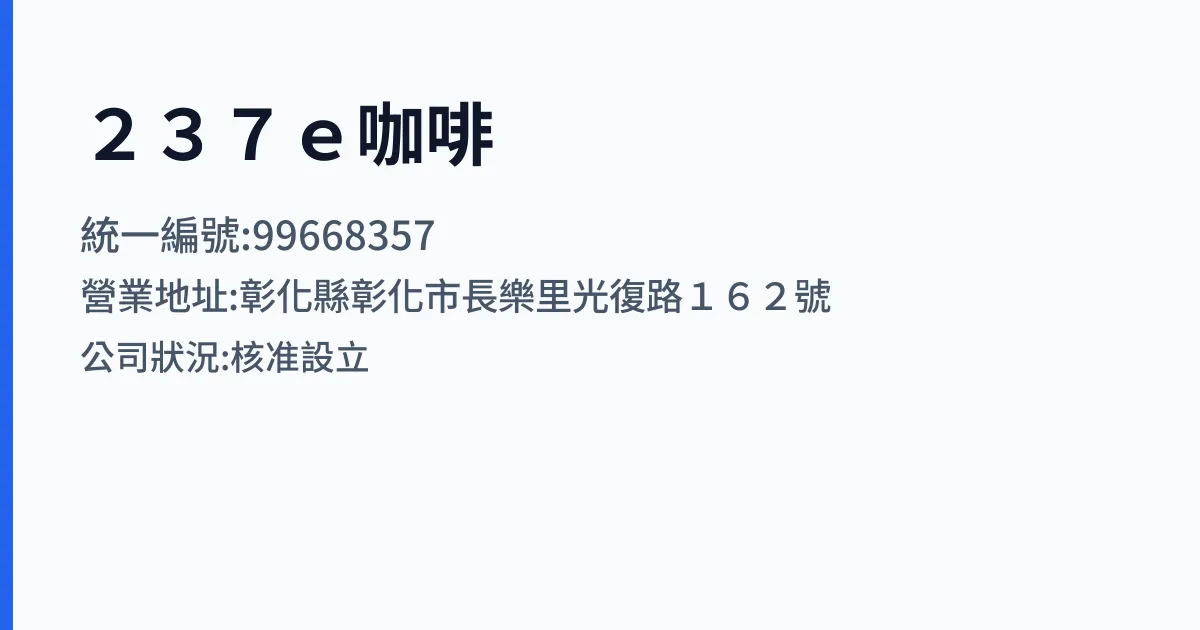 ２３７ｅ咖啡 - 統編 99668357(彰化縣) 公司登記資料與營業項目詳細圖表