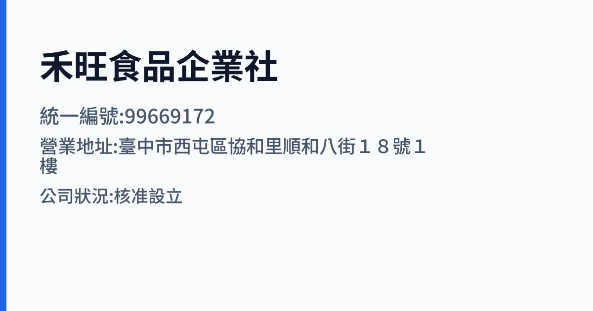 禾旺食品企業社 - 統編 99669172(臺中市) 公司登記資料與營業項目詳細圖表