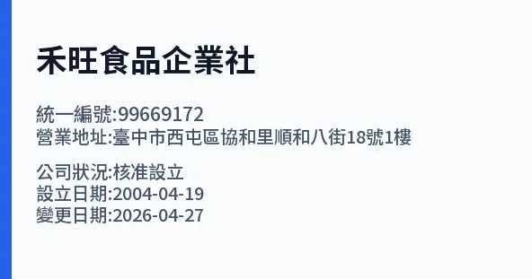 禾旺食品企業社的照片-統編 99669172(臺中市) 公司登記資料與營業項目詳細圖表