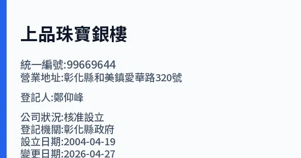 上品珠寶銀樓的照片-統編 99669644(彰化縣) 公司登記資料與營業項目詳細圖表