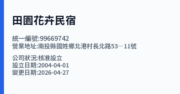 田園花卉民宿的照片-統編 99669742(南投縣) 公司登記資料與營業項目詳細圖表