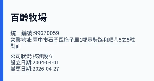 百齡牧場的照片-統編 99670059(臺中市) 公司登記資料與營業項目詳細圖表
