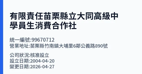 有限責任苗栗縣立大同高級中學員生消費合作社的照片-統編 99670712(苗栗縣) 公司登記資料與營業項目詳細圖表