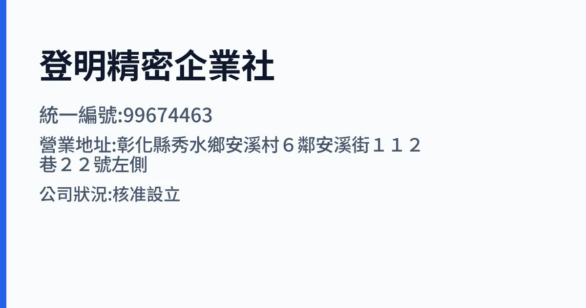 登明精密企業社 - 統編 99674463(彰化縣) 公司登記資料與營業項目詳細圖表