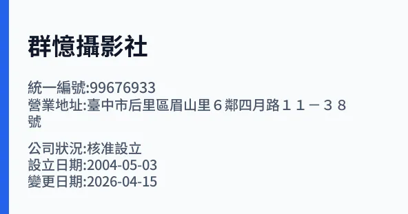 群憶攝影社的照片-統編 99676933(臺中市) 公司登記資料與營業項目詳細圖表