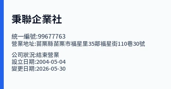 秉聯企業社的照片-統編 99677763(苗栗縣) 公司登記資料與營業項目詳細圖表