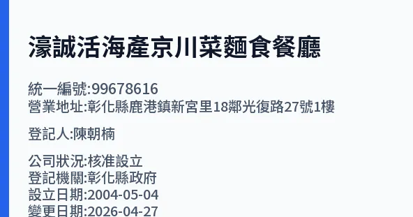 濠誠活海產京川菜麵食餐廳的照片-統編 99678616(彰化縣) 公司登記資料與營業項目詳細圖表