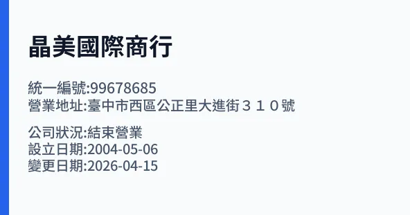 晶美國際商行的照片-統編 99678685(臺中市) 公司登記資料與營業項目詳細圖表