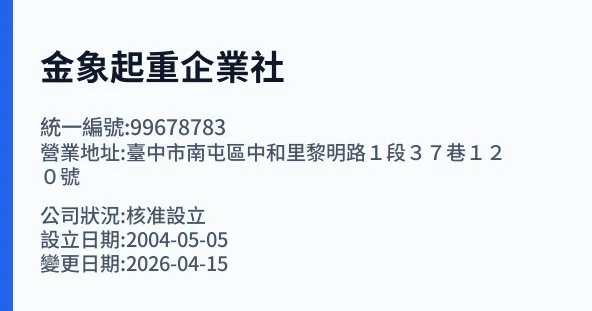 金象起重企業社的照片-統編 99678783(臺中市) 公司登記資料與營業項目詳細圖表