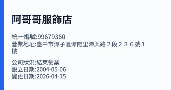 阿哥哥服飾店的照片-統編 99679360(臺中市) 公司登記資料與營業項目詳細圖表