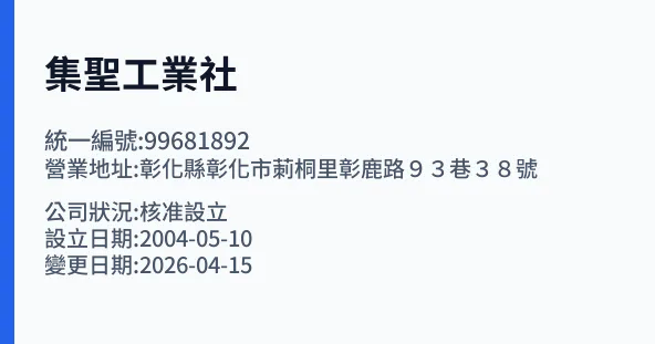 集聖工業社的照片-統編 99681892(彰化縣) 公司登記資料與營業項目詳細圖表