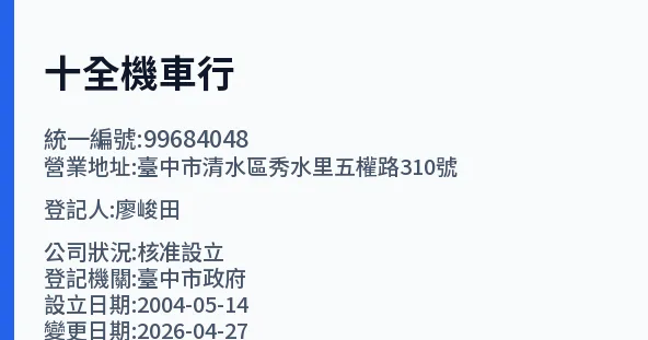 十全機車行的照片-統編 99684048(臺中市) 公司登記資料與營業項目詳細圖表
