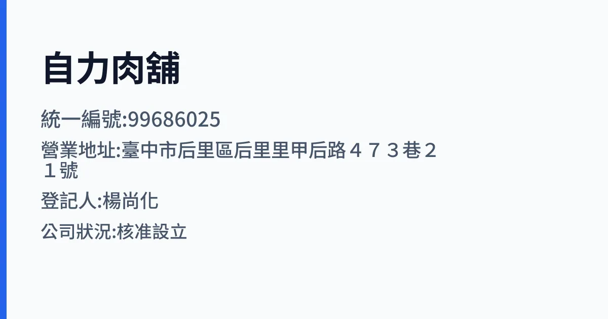 自力肉舖 - 統編 99686025(臺中市) 公司登記資料與營業項目詳細圖表