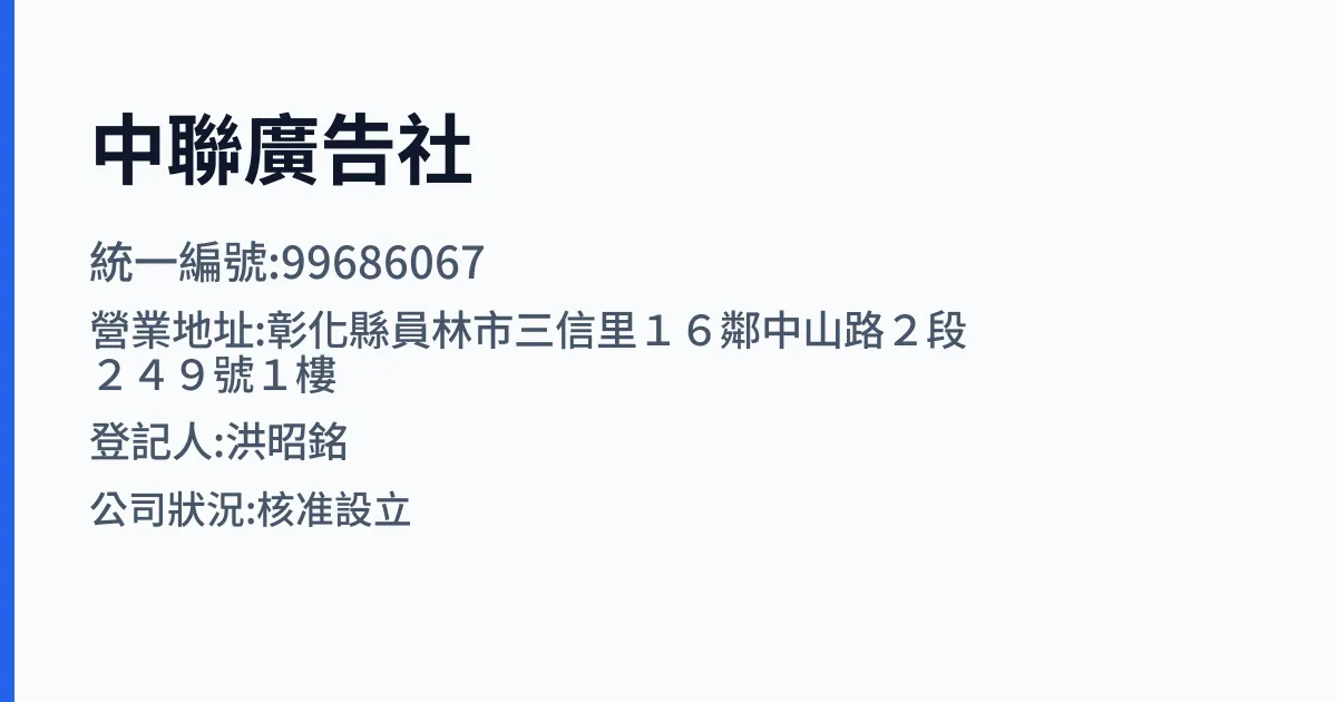 中聯廣告社 - 統編 99686067(彰化縣) 公司登記資料與營業項目詳細圖表