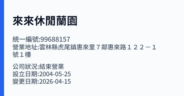 來來休閒蘭園的照片-統編 99688157(雲林縣) 公司登記資料與營業項目詳細圖表