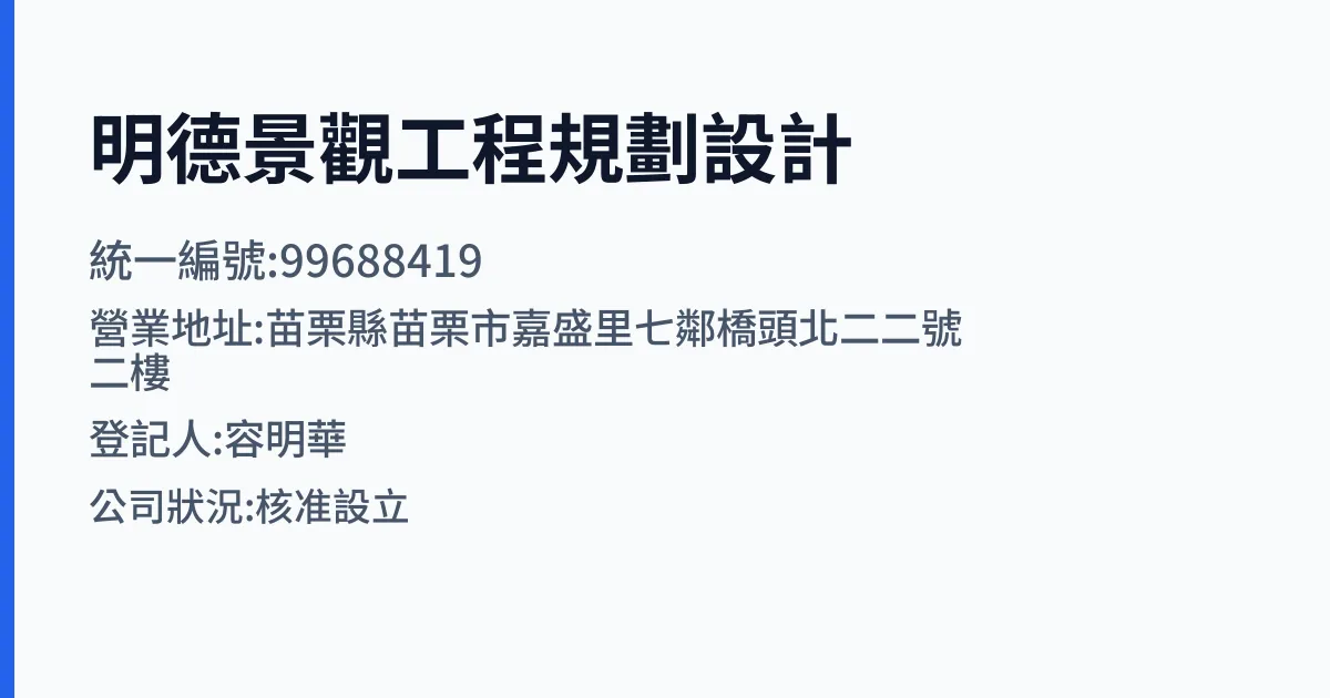明德景觀工程規劃設計 - 統編 99688419(苗栗縣) 公司登記資料與營業項目詳細圖表