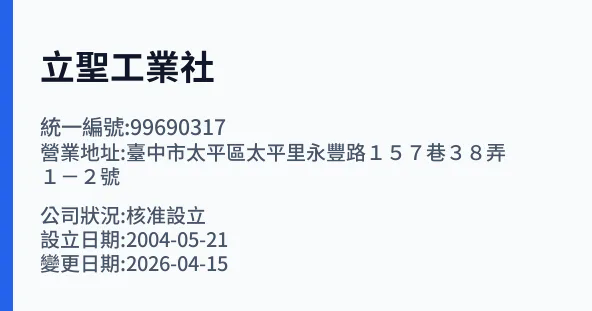 立聖工業社的照片-統編 99690317(臺中市) 公司登記資料與營業項目詳細圖表