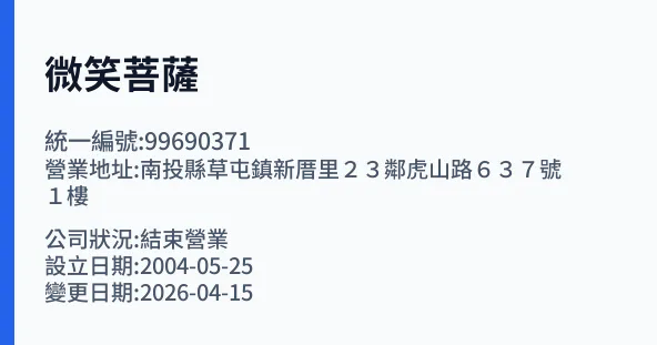 微笑菩薩的照片-統編 99690371(南投縣) 公司登記資料與營業項目詳細圖表
