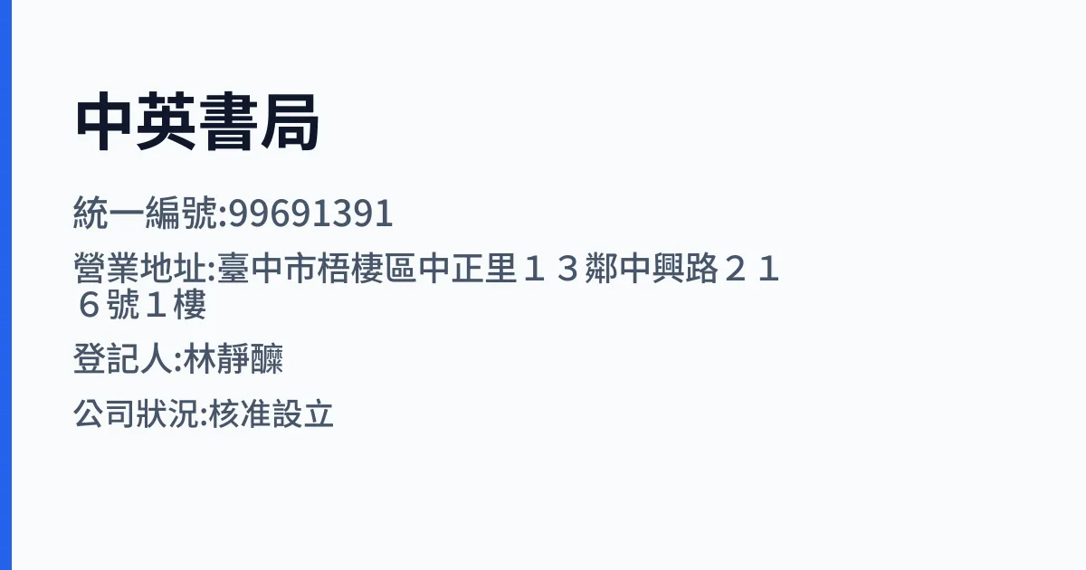 中英書局 - 統編 99691391(臺中市) 公司登記資料與營業項目詳細圖表
