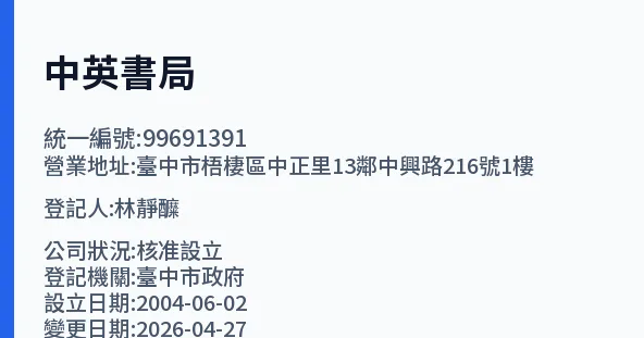 中英書局的照片-統編 99691391(臺中市) 公司登記資料與營業項目詳細圖表