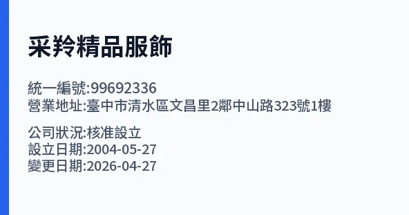 采羚精品服飾的照片-統編 99692336(臺中市) 公司登記資料與營業項目詳細圖表