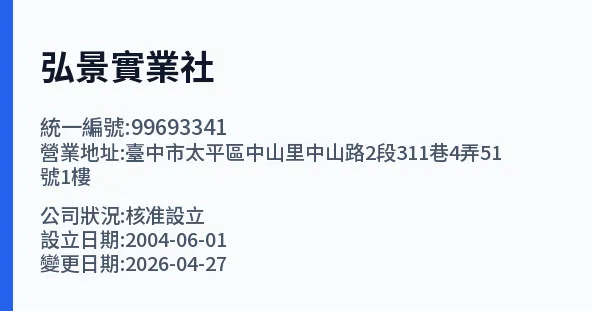 弘景實業社的照片-統編 99693341(臺中市) 公司登記資料與營業項目詳細圖表