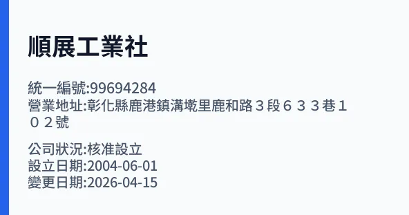 順展工業社的照片-統編 99694284(彰化縣) 公司登記資料與營業項目詳細圖表