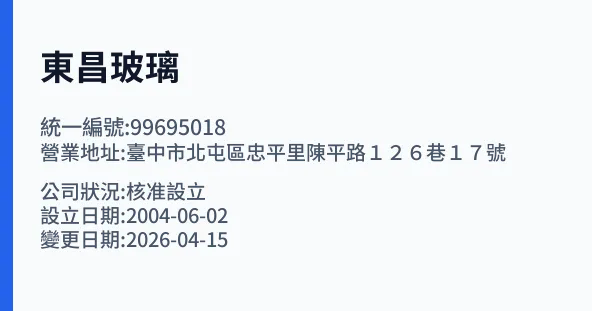 東昌玻璃的照片-統編 99695018(臺中市) 公司登記資料與營業項目詳細圖表